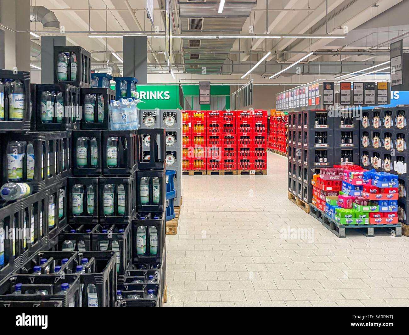 Germany Berlin February 19, 2025 A store with aisles of drinks and ...