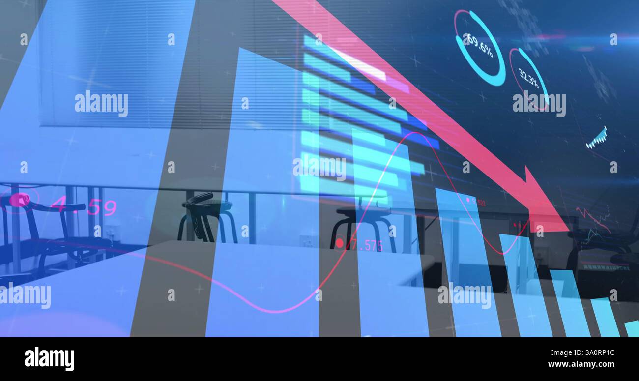 Declining bar graph and red arrow image over empty office chairs and ...
