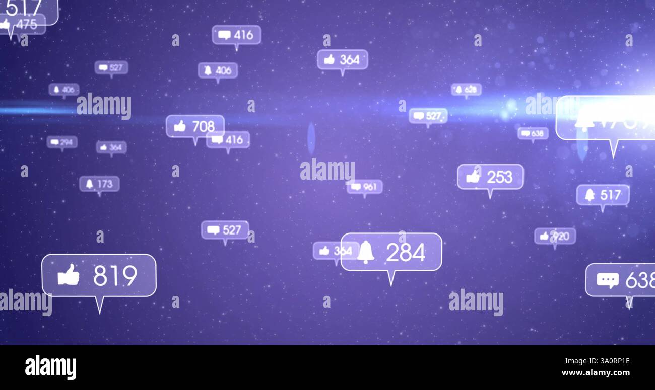 Social media notifications and likes image over purple background with ...