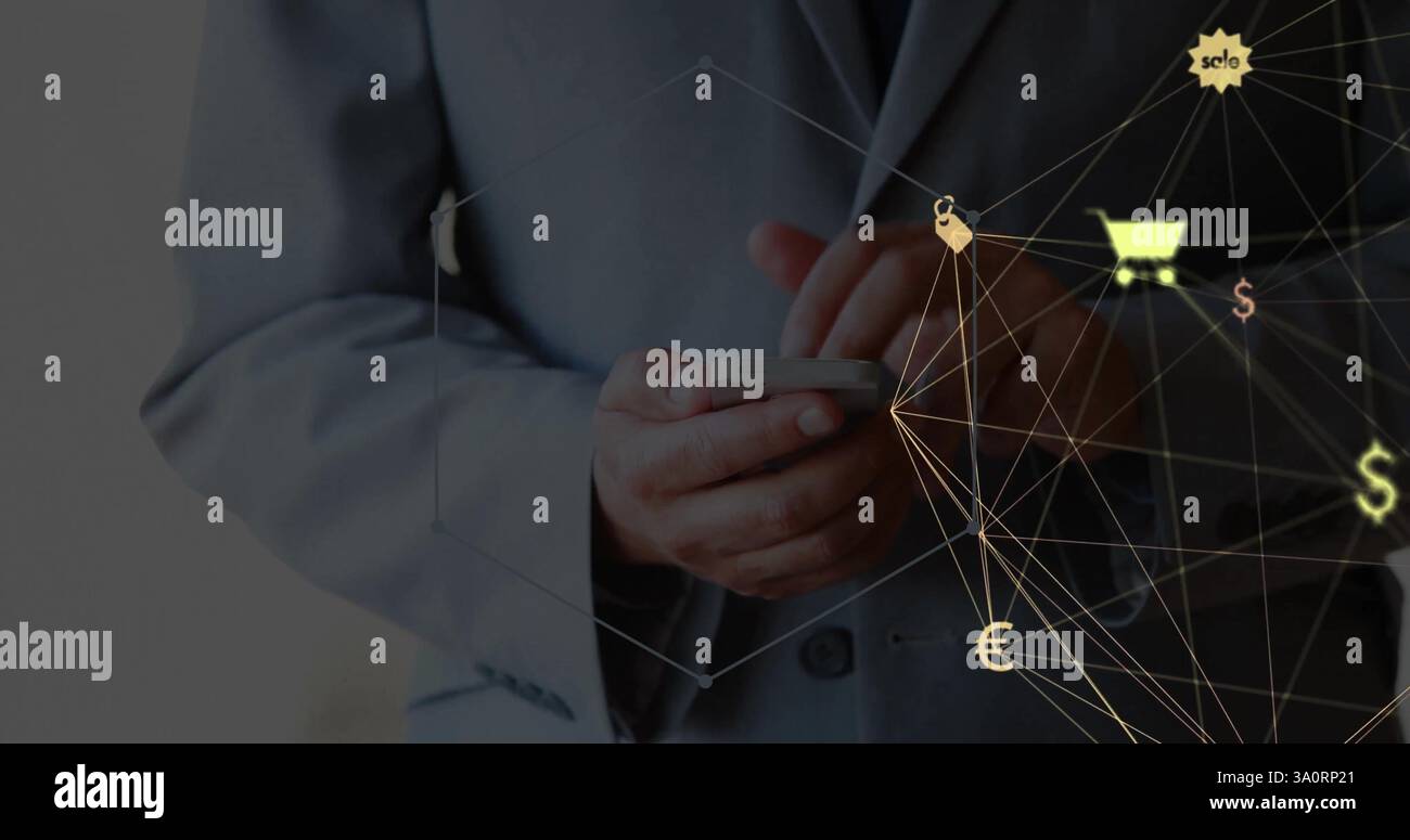 Image of network of retail icons over midsection of caucasian ...