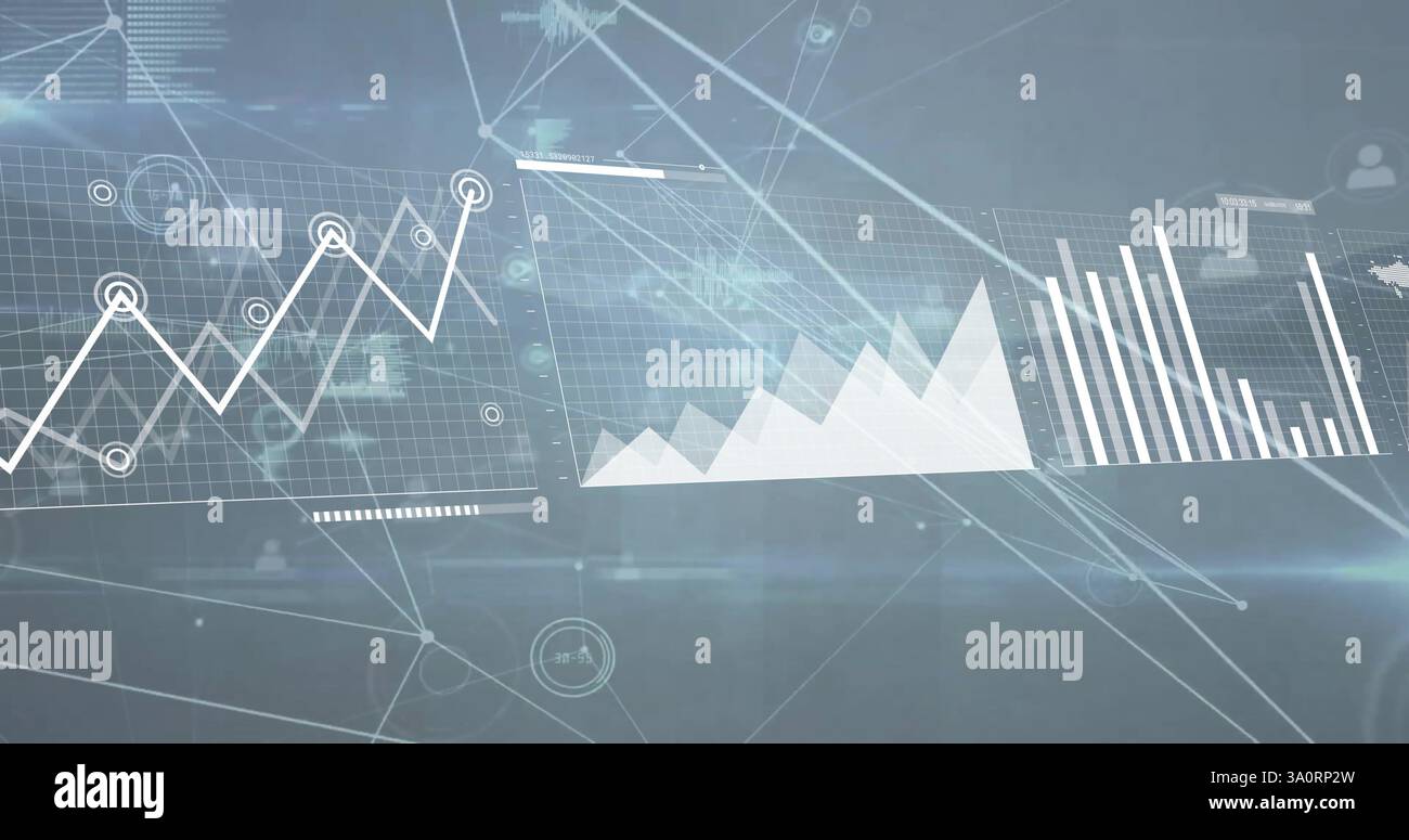 Image of media icons over diagrams and data processing Stock Photo - Alamy