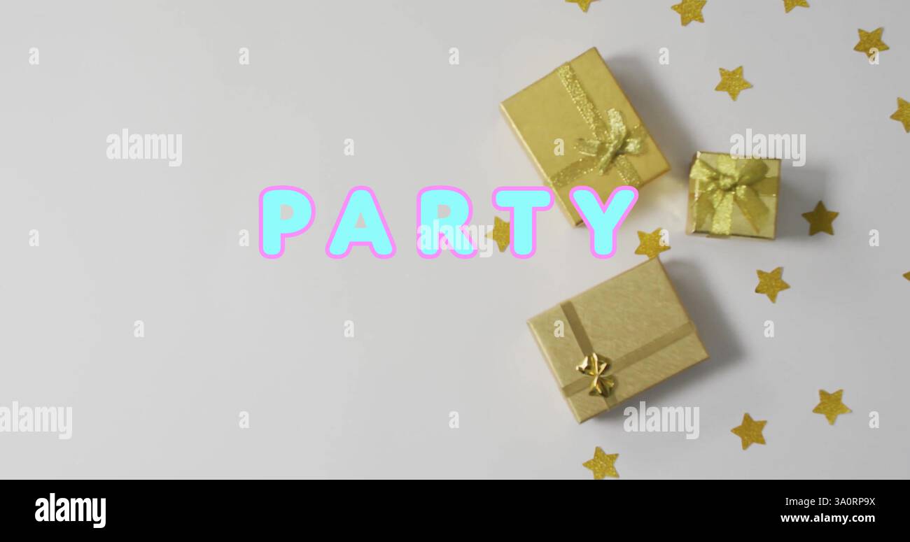 Image of party text in blue over gold wrapped gifts and stars on white ...