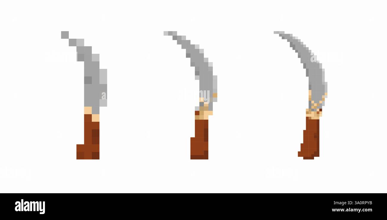 Three pixel art sickle variations with wooden handles and curved metal ...