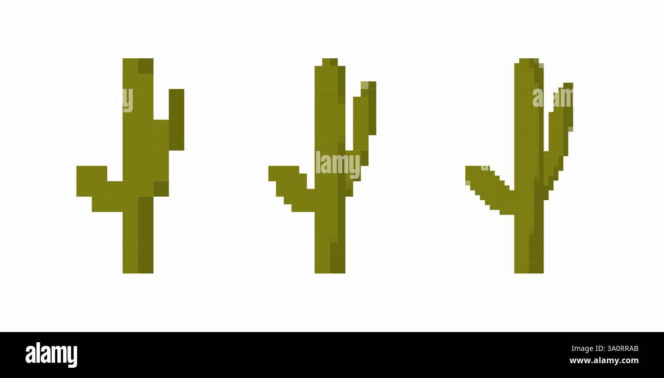 Three pixel cacti illustrations with simple green design and minimalist ...