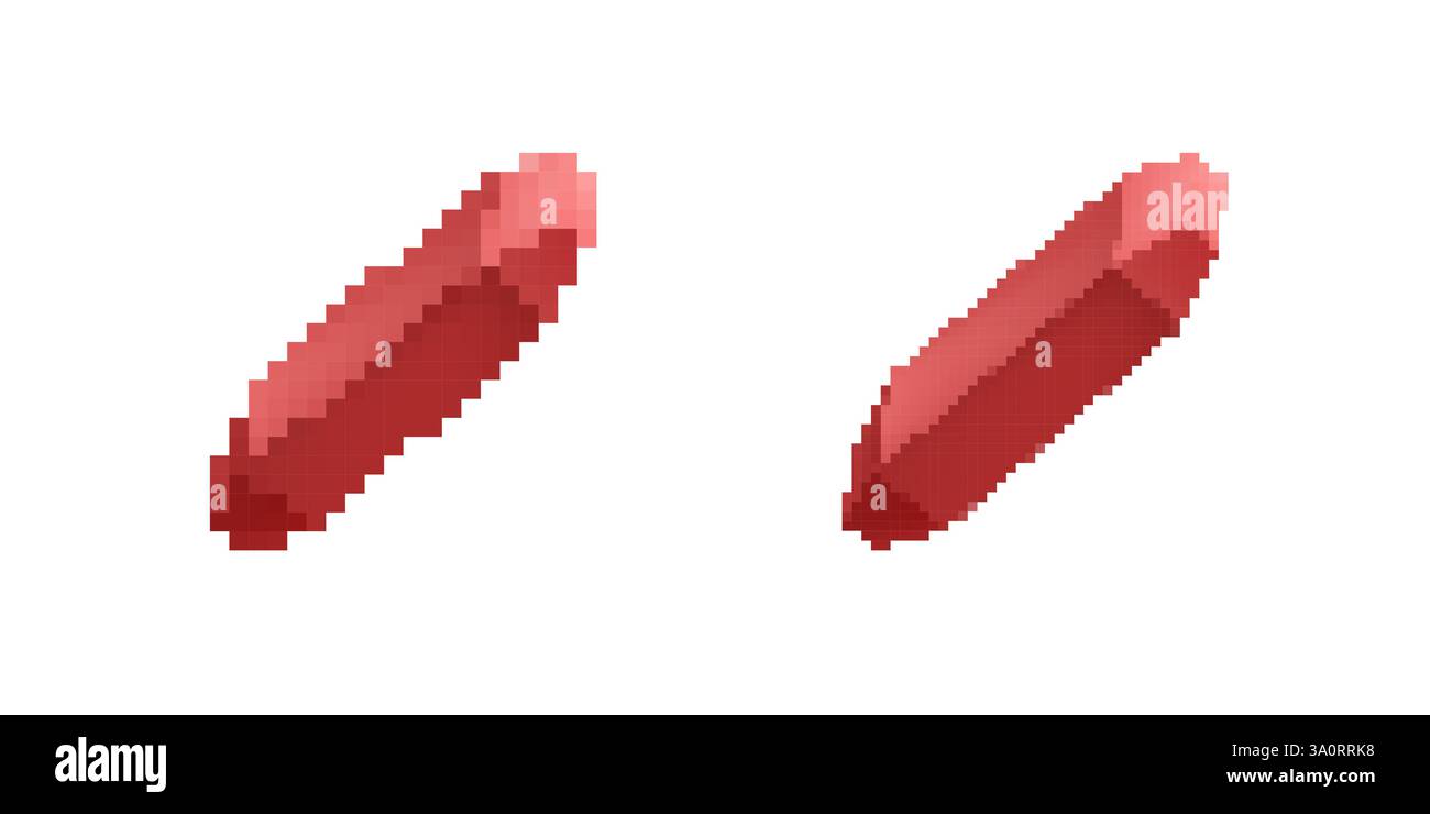 Two red capsules with pixelated look displayed in a simple arrangement ...
