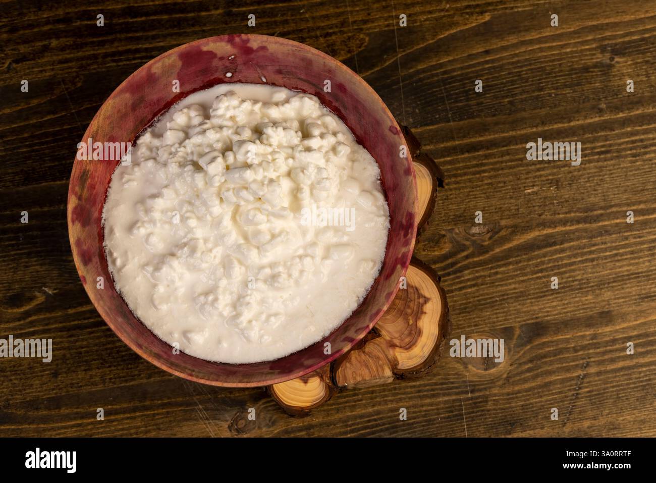 cottage cheese made from milk closeup, grainy cottage cheese with cream ...