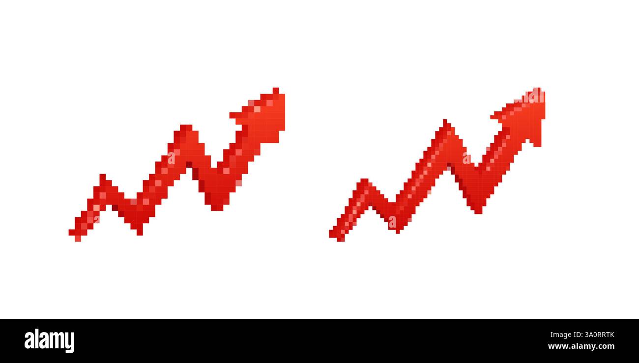 Two growing red arrow graphs in dynamic pixelated zigzag shapes Stock ...