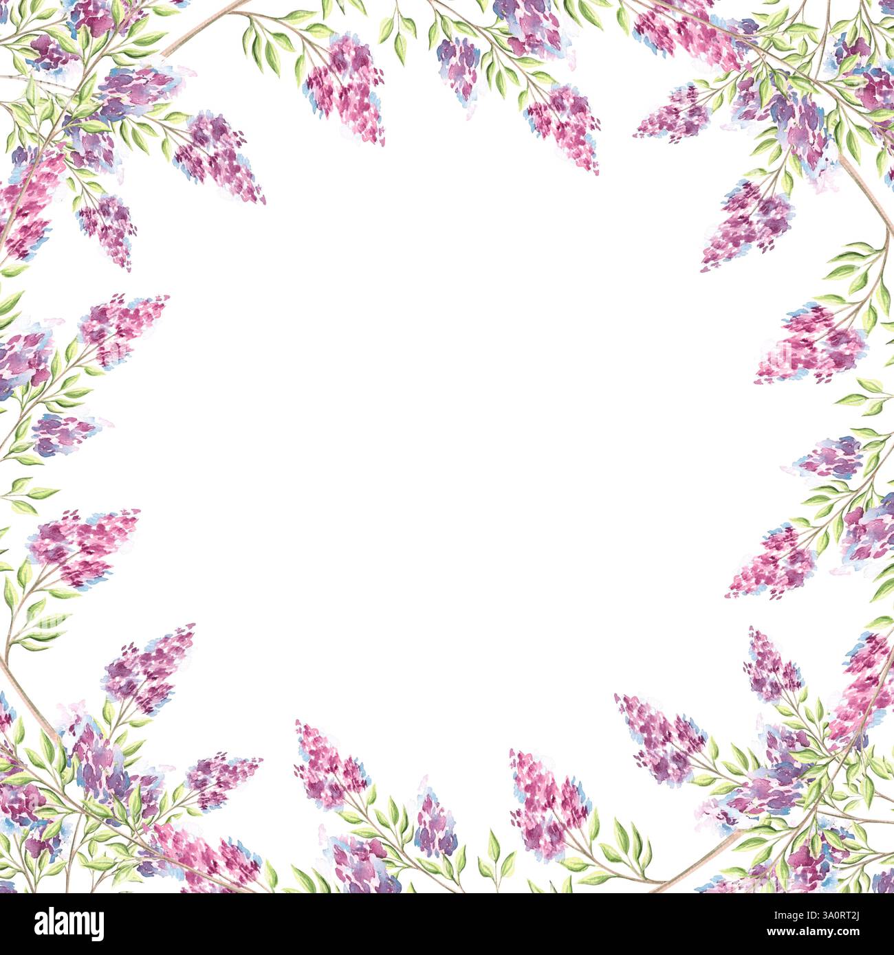 Lilac flowers sprigs with green leaves. Postcard template with copy ...
