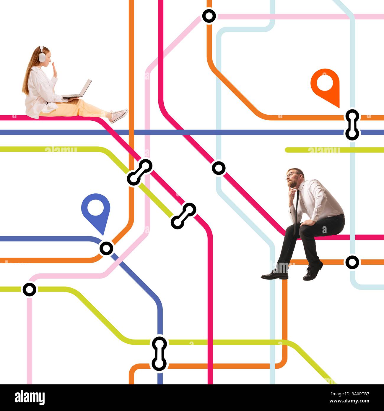 Contemporary art collage. Young woman sitting on digital subway route ...