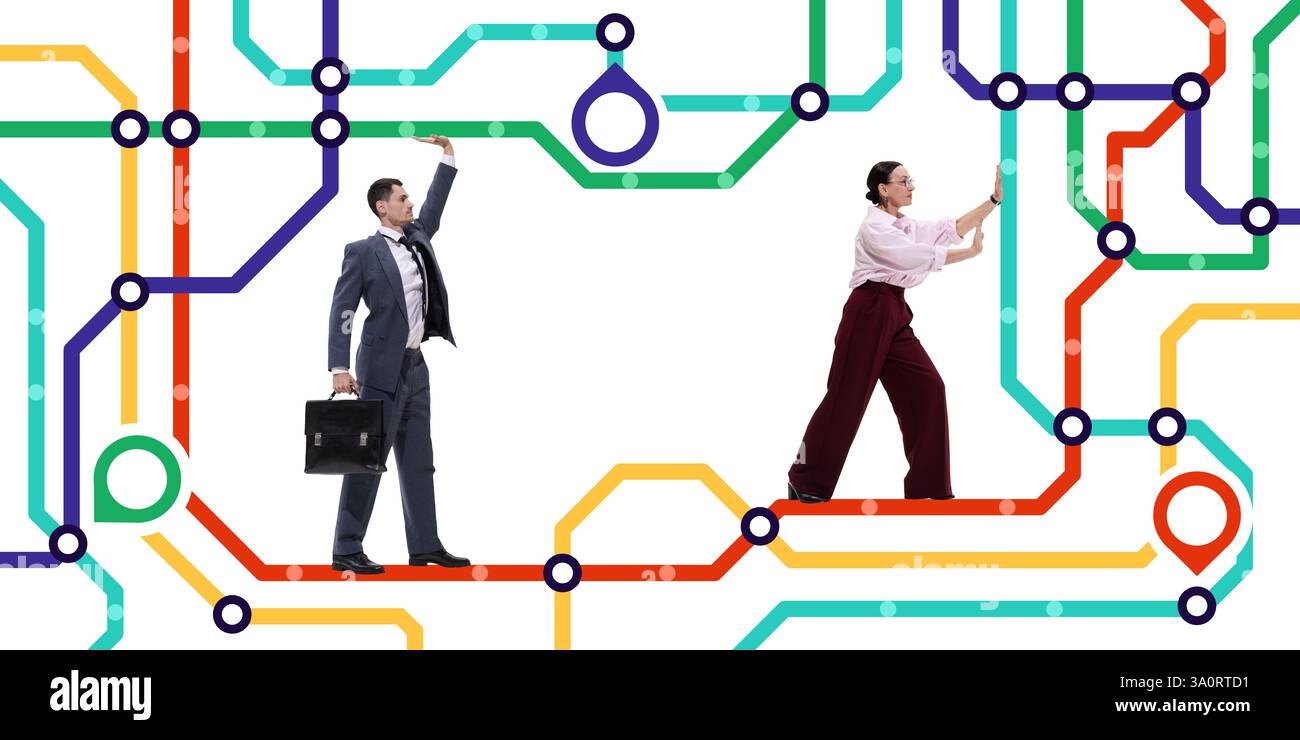 Conceptual art design. Two professionals interacting with complex transport network, reaching ...