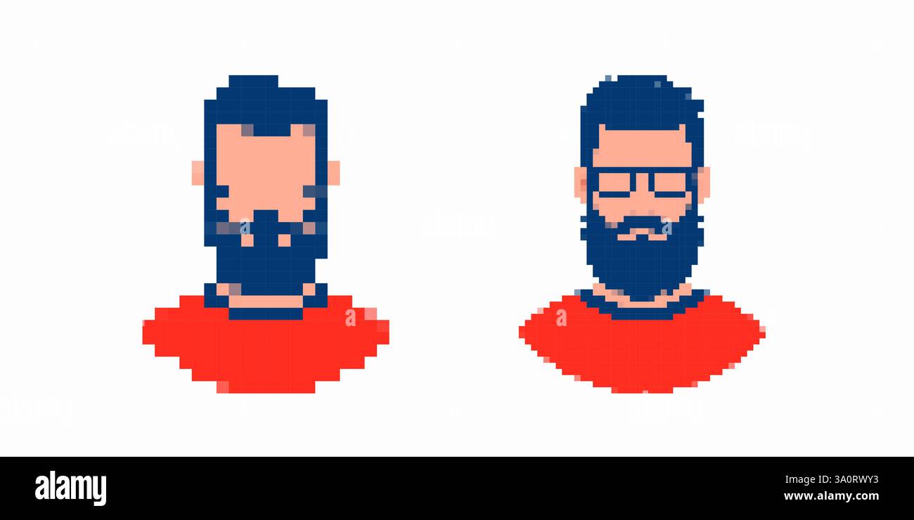 Two pixel art bearded characters with glasses in simple style Stock ...