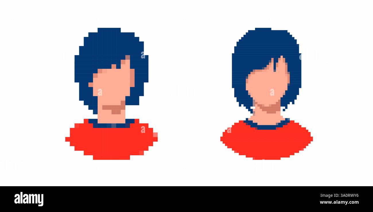 Pixel art character design featuring unique blue hair and red shirt in ...