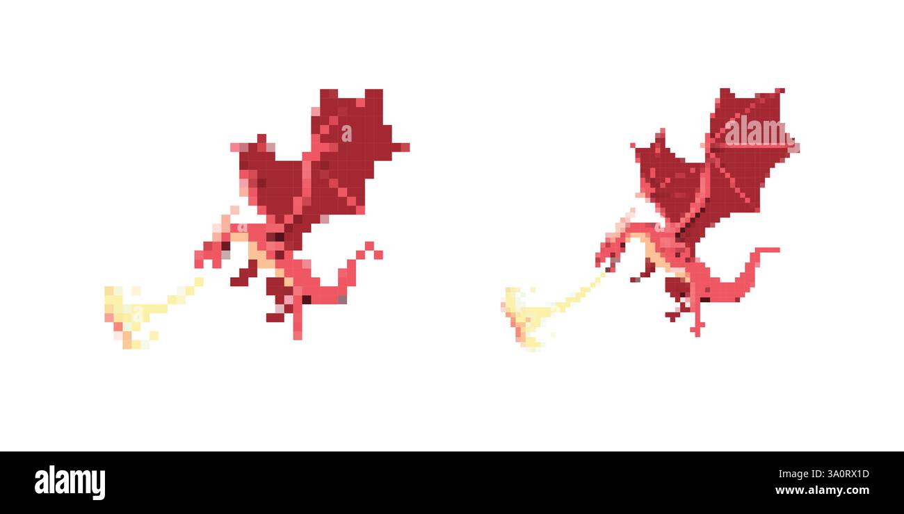 Pixel art of two red dragons breathing fire together in a unique ...