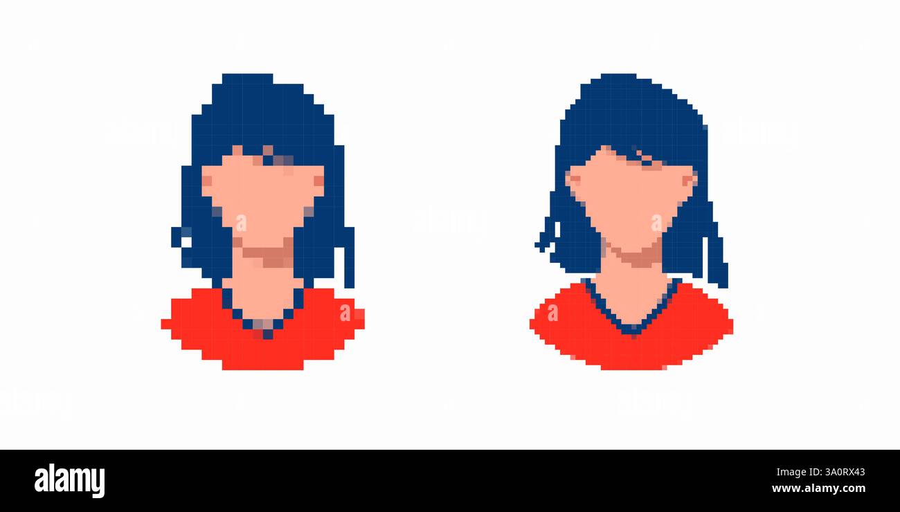 Pixel art style portraits of a character with short blue hair and red ...
