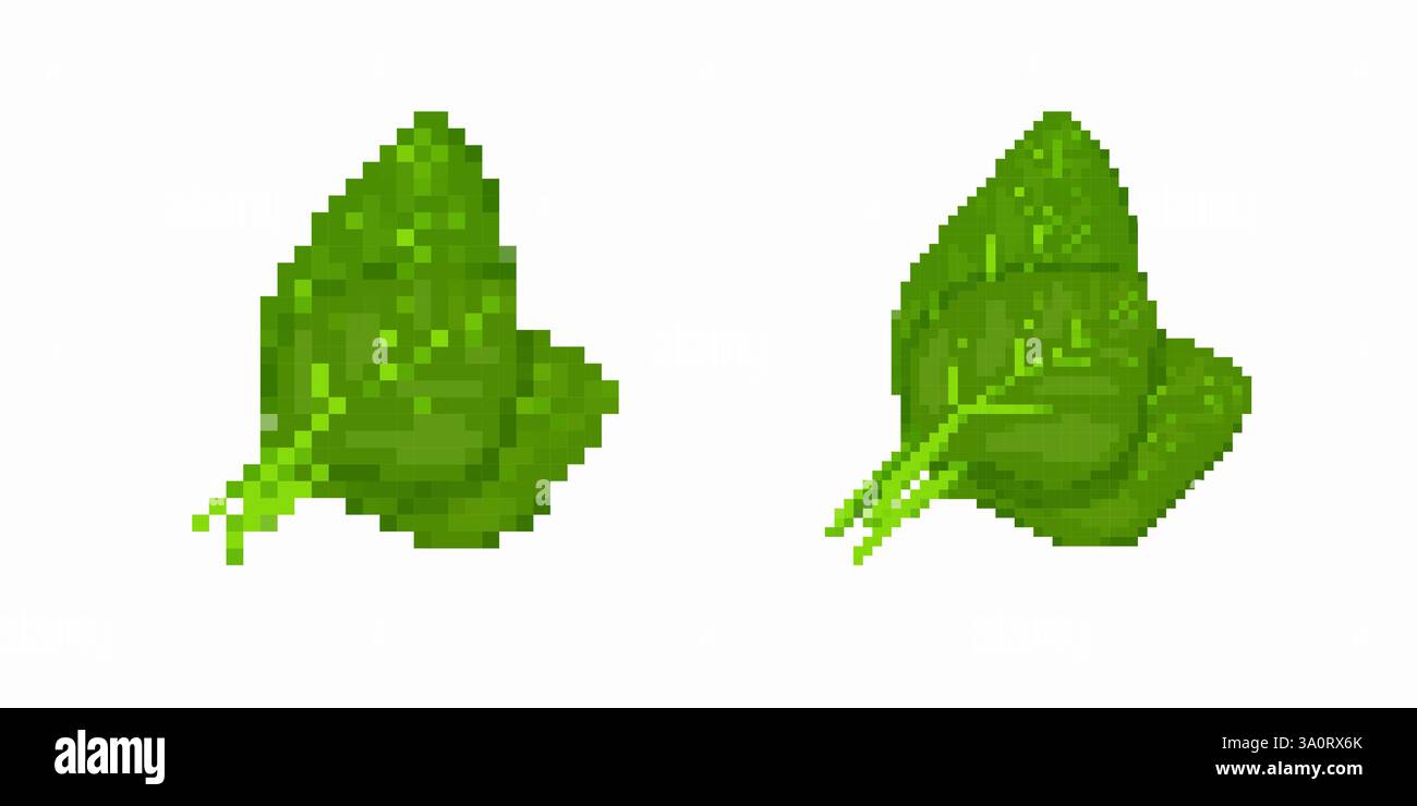 Pixel art green leaves with detailed vivid design in classic retro ...