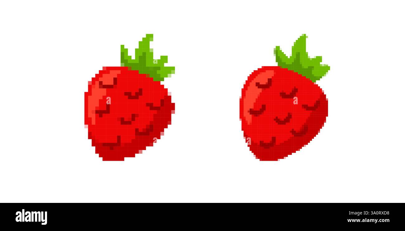 Pixel-art strawberries with vivid green leaves and bright red colors ...