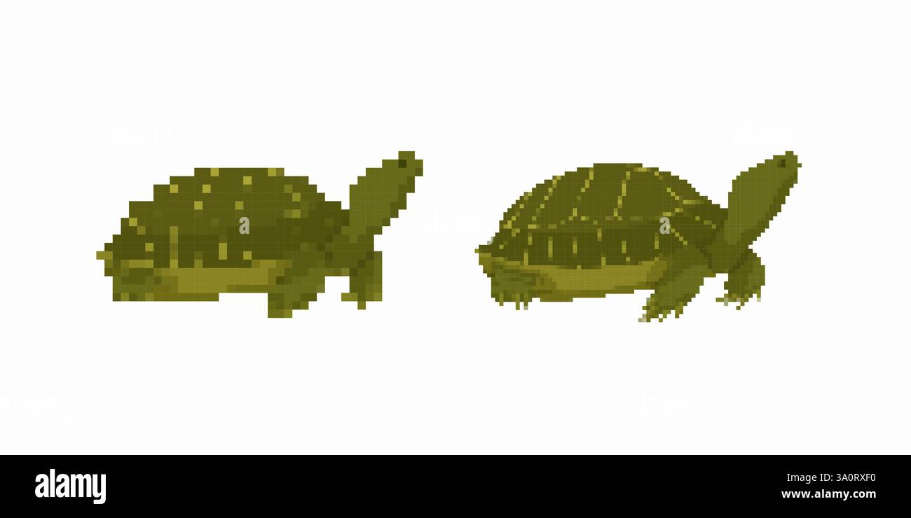 Pixel art style green turtles with detailed shells and simple block ...