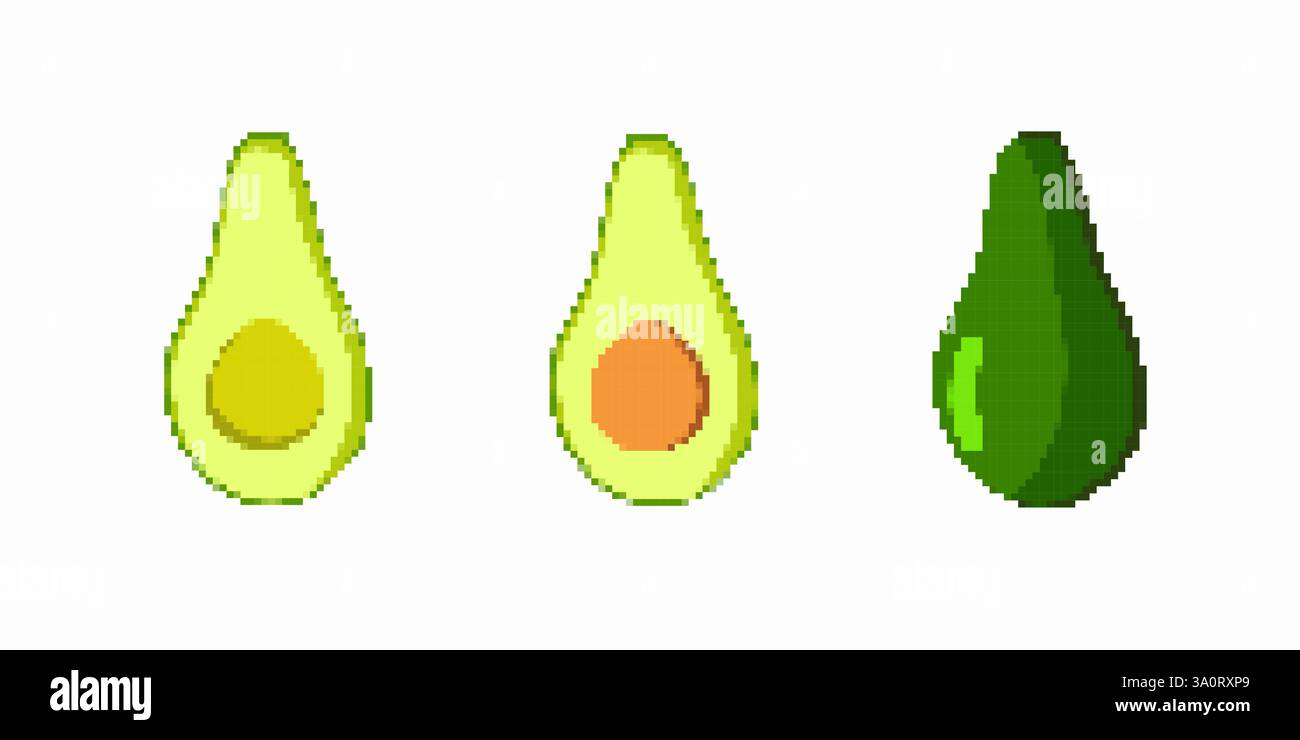 Pixel art style avocado halves and whole avocado with unique color ...