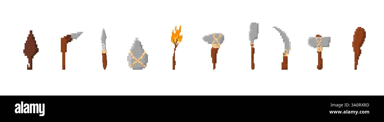Pixel art tools and weapons: collection of primitive items with various ...