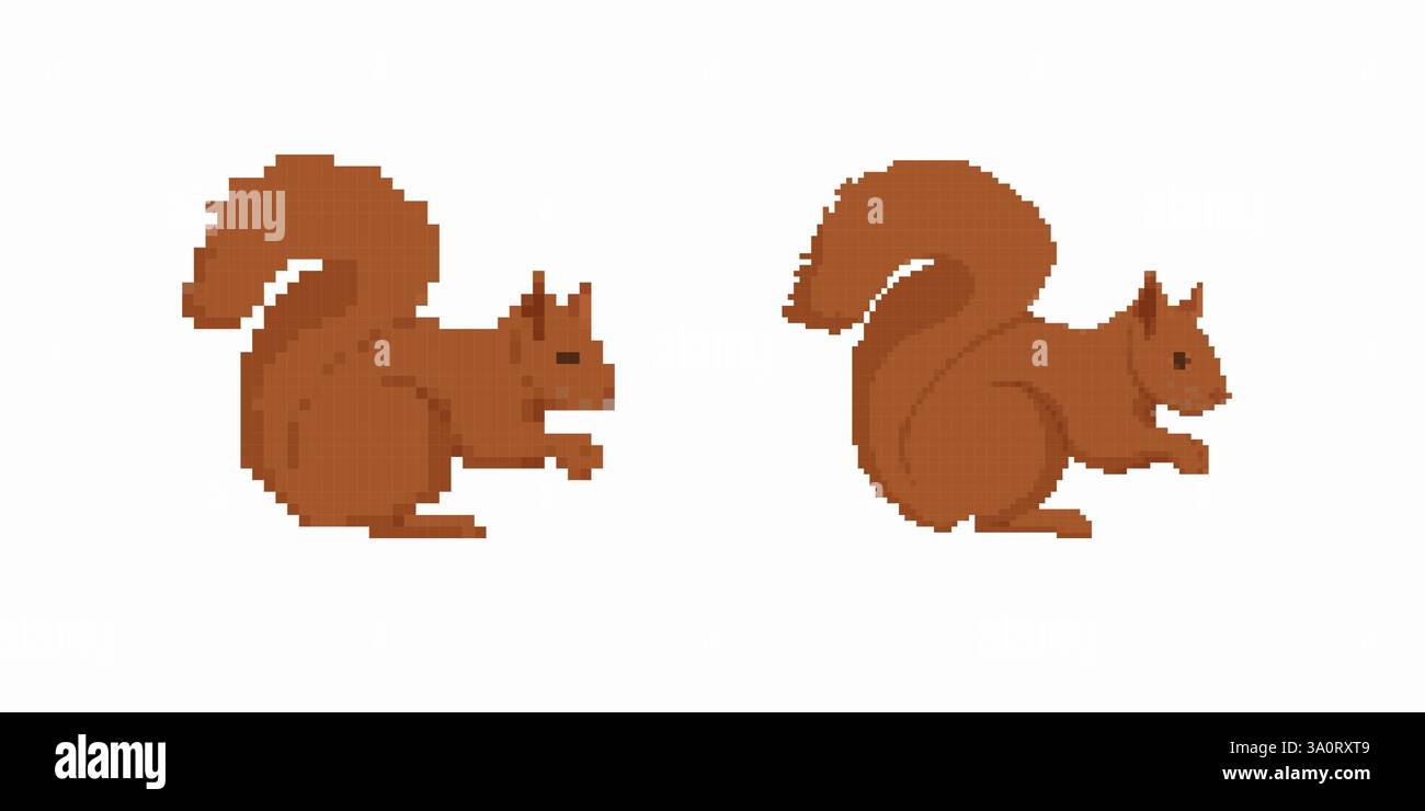 Pixel art squirrels with bushy tails in simple brown tones facing opposite directions Stock ...