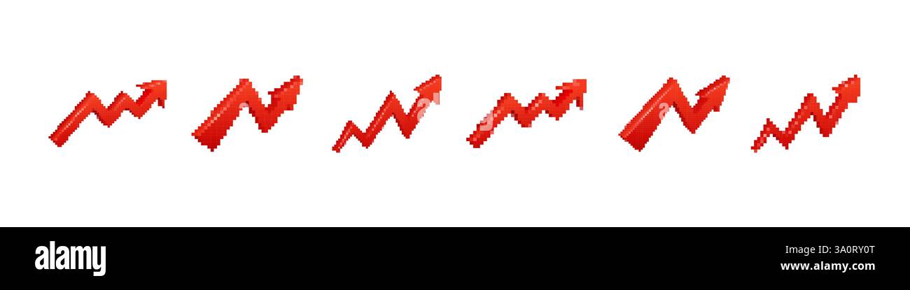 Red Pixelated Zigzag Arrows Display Upward Movement In Sequence For Data Analysis Stock Vector