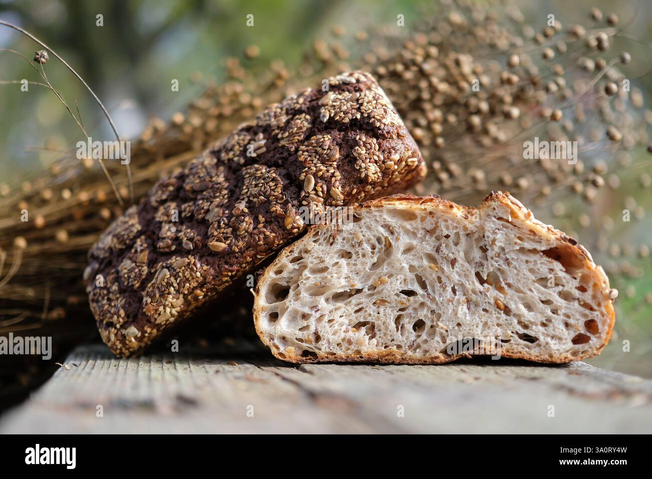 Sourdough Multigrain Bread. Wheat and Rye Wholemeal Flour Bread. Flax ...