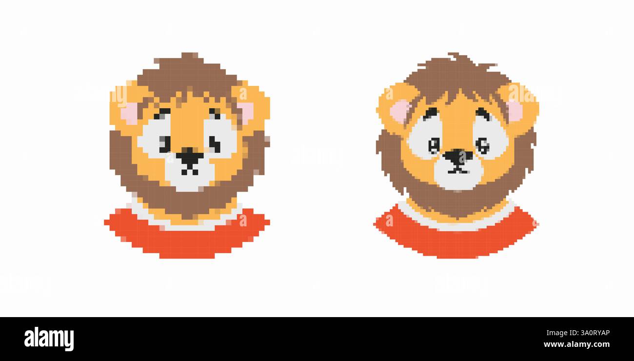 Pixel art lion faces with different hairstyles in a simple color ...