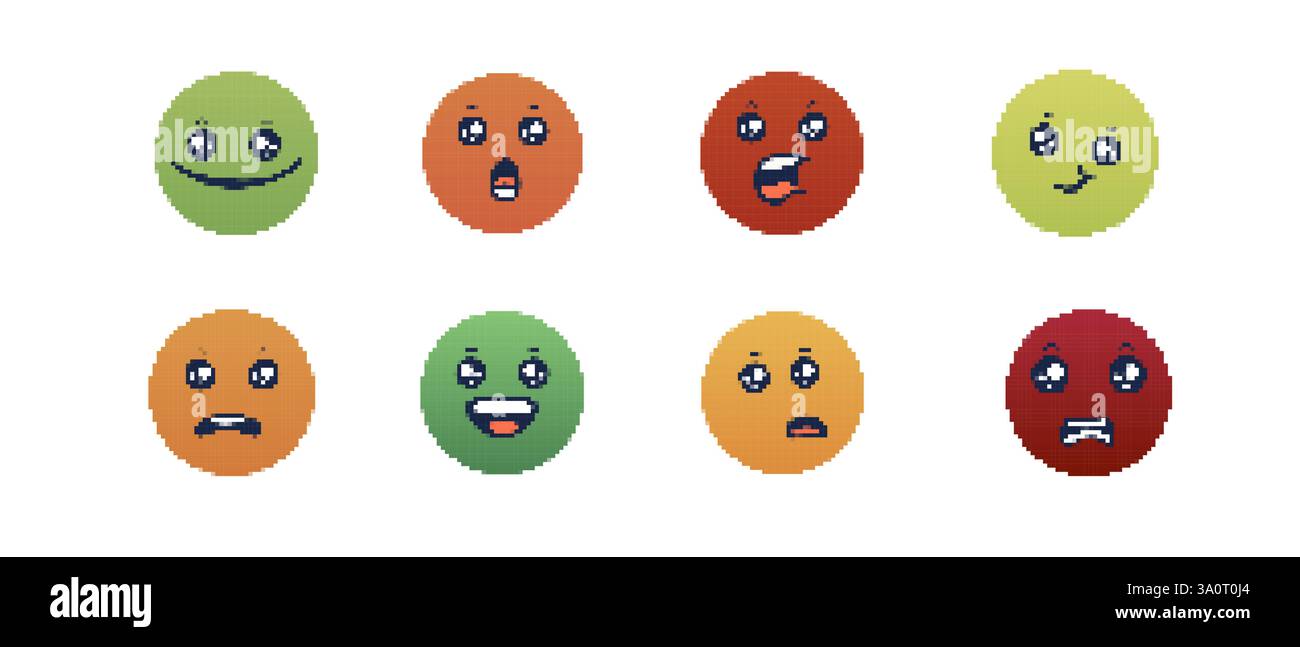 Colorful pixel art faces expressing various emotions in circular ...
