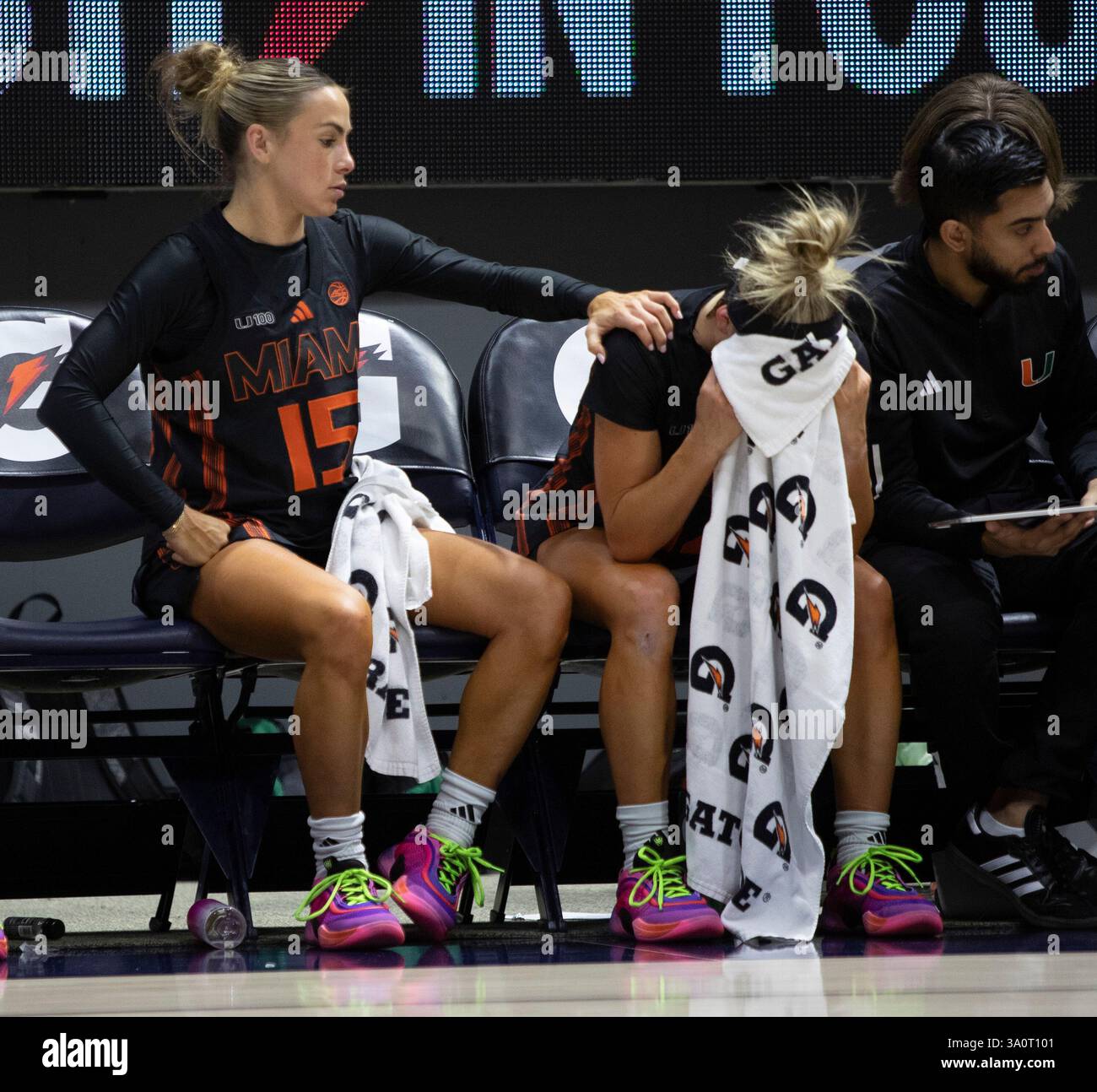 March 02 2025 Berkeley CA, USA Miami guard Hanna Cavinder (15)sits with ...