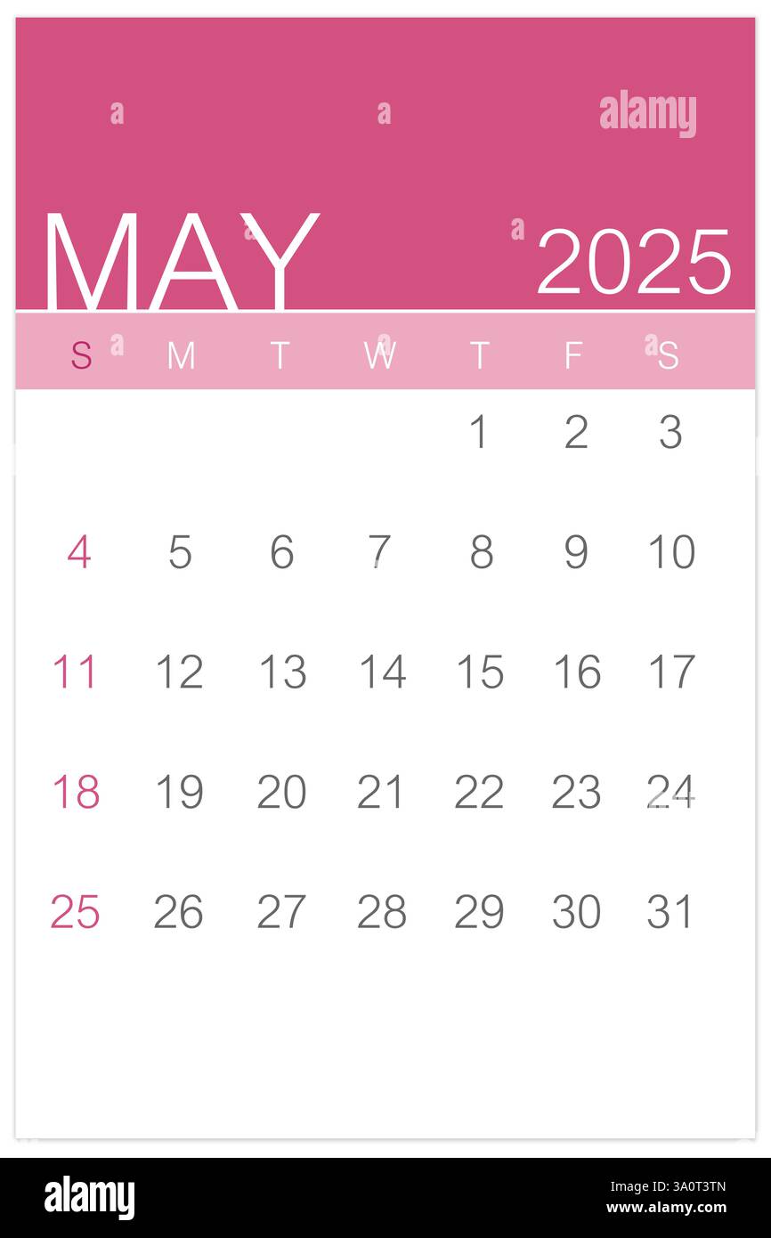 Vertical of Pink May 2025 Calendar page isolated on white background ...