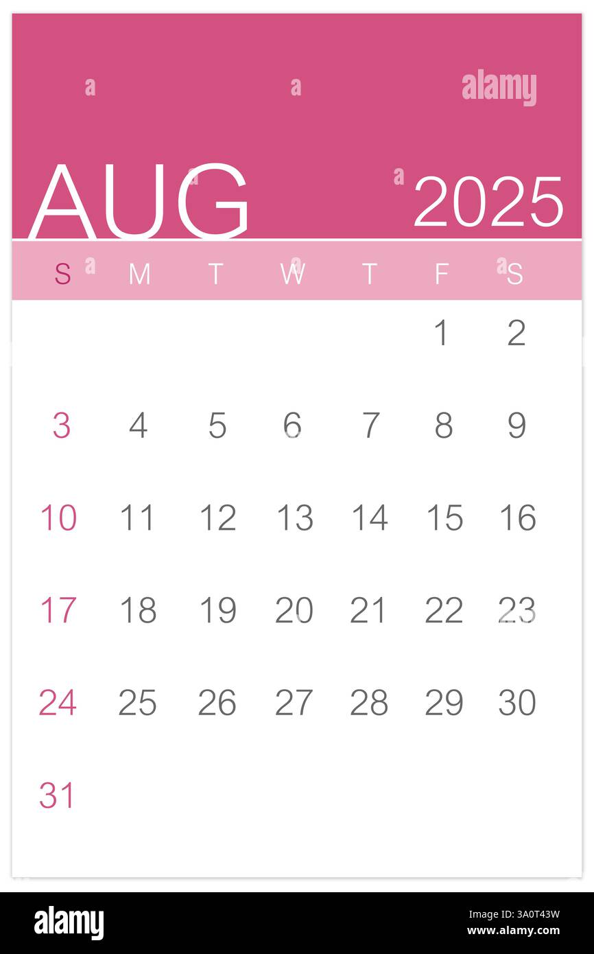 Vertical of Pink August 2025 Calendar page isolated on white background ...