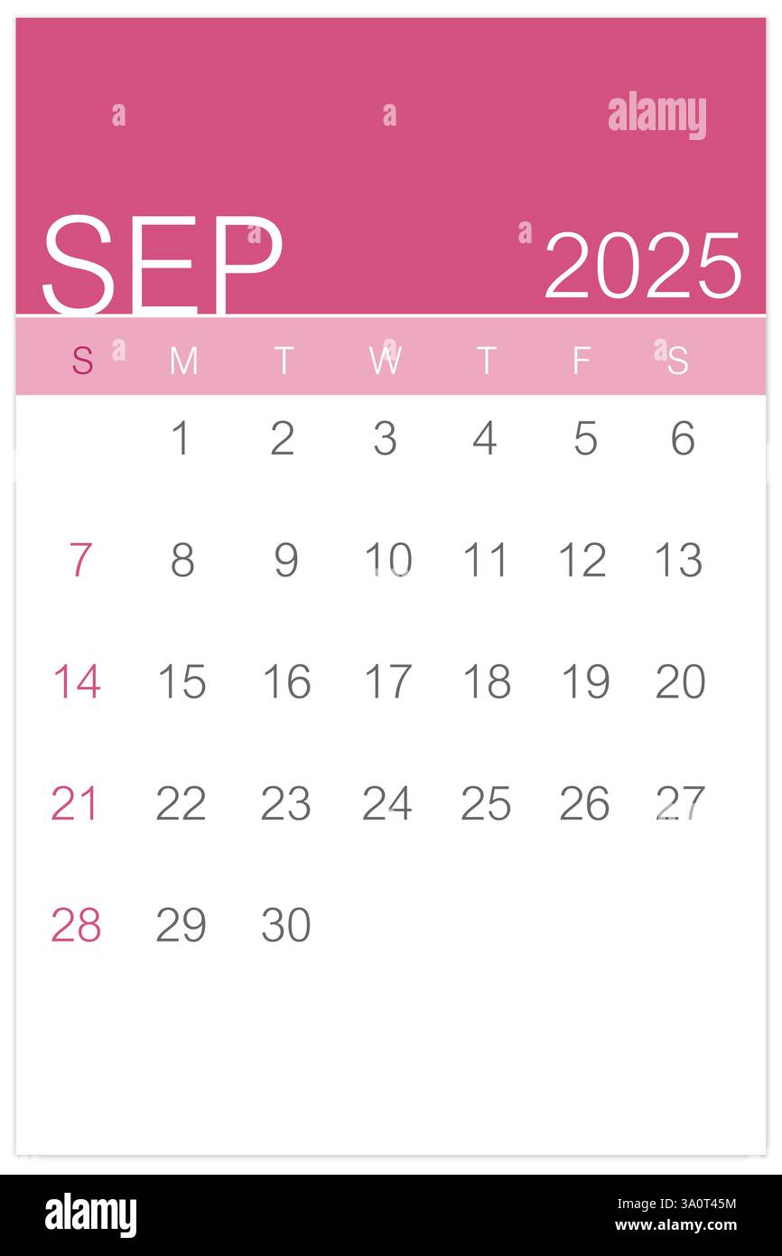 Vertical of Pink September 2025 Calendar page isolated on white ...