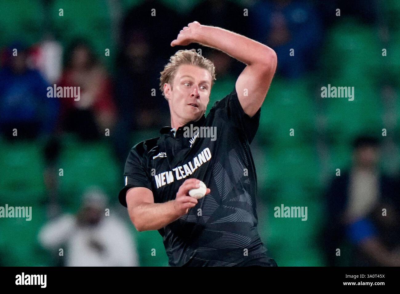 New Zealand's Kyle Jamieson bowls a delivery during the ICC Champions ...