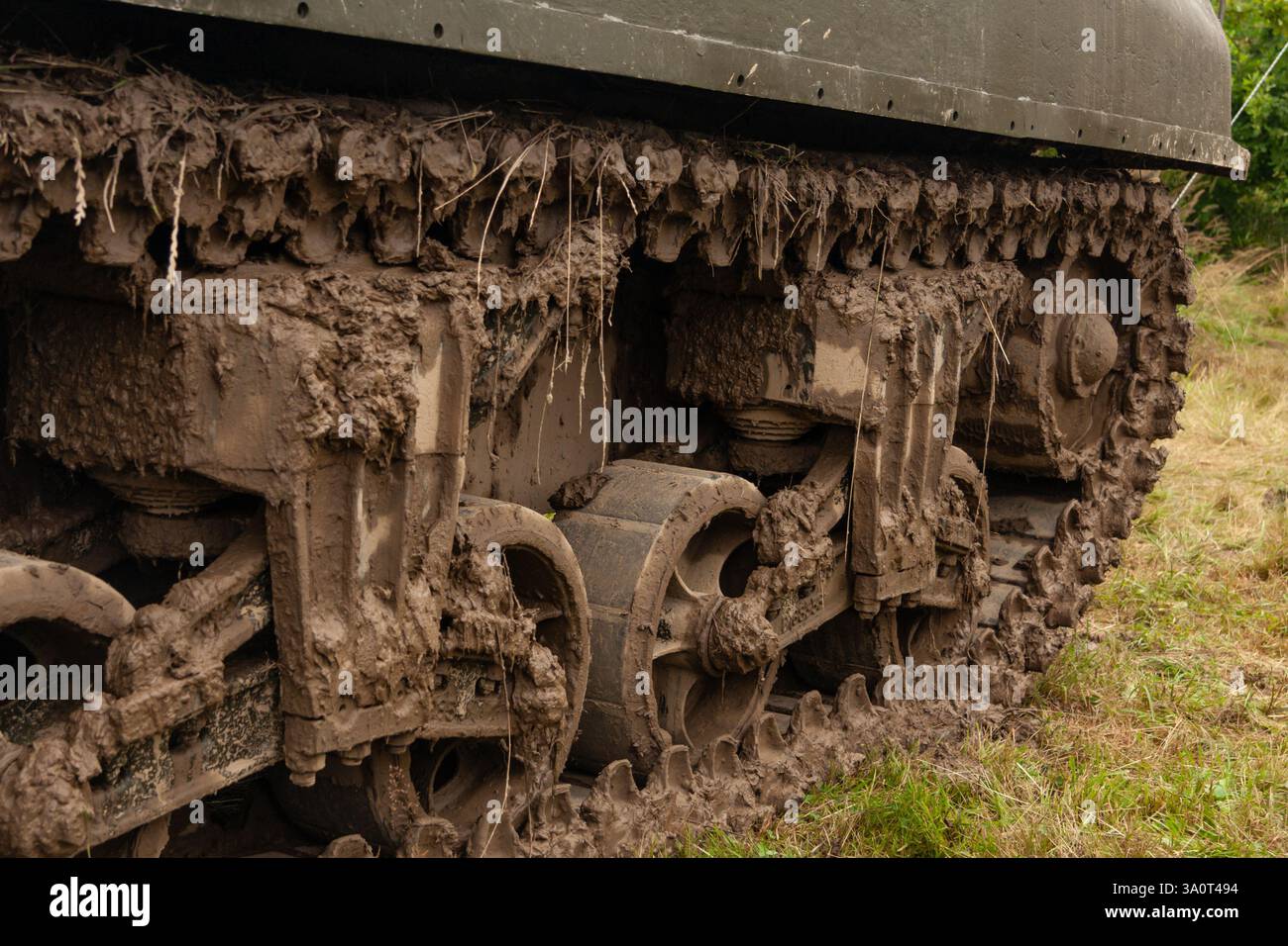 Detail of an American tank from World War II. Close-up. The dirty track ...