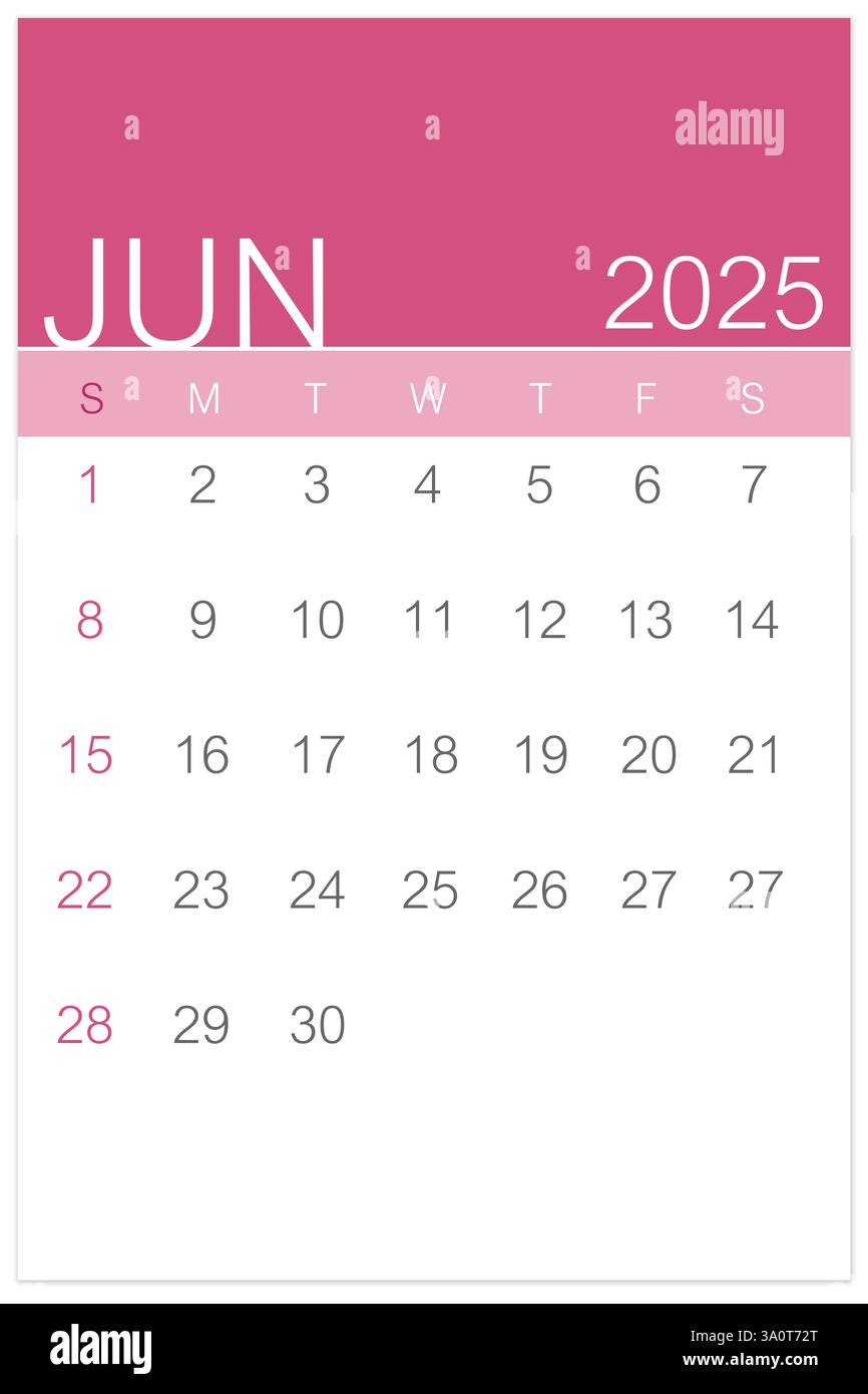 Vertical of Pink June 2025 Calendar page isolated on white background ...
