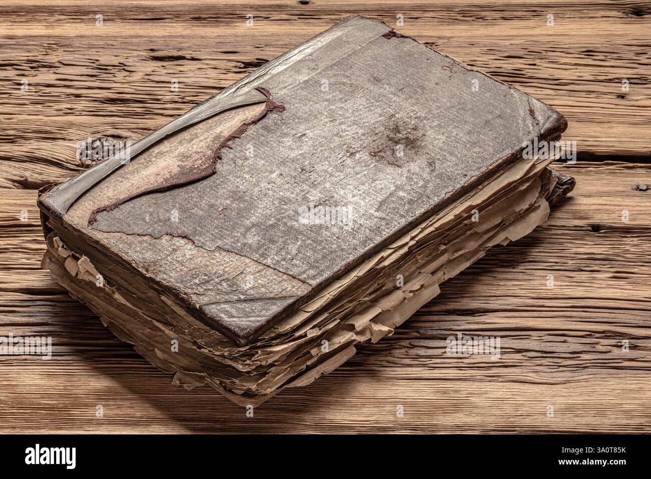 Old book resting on a weathered wooden surface with faded cover and ...
