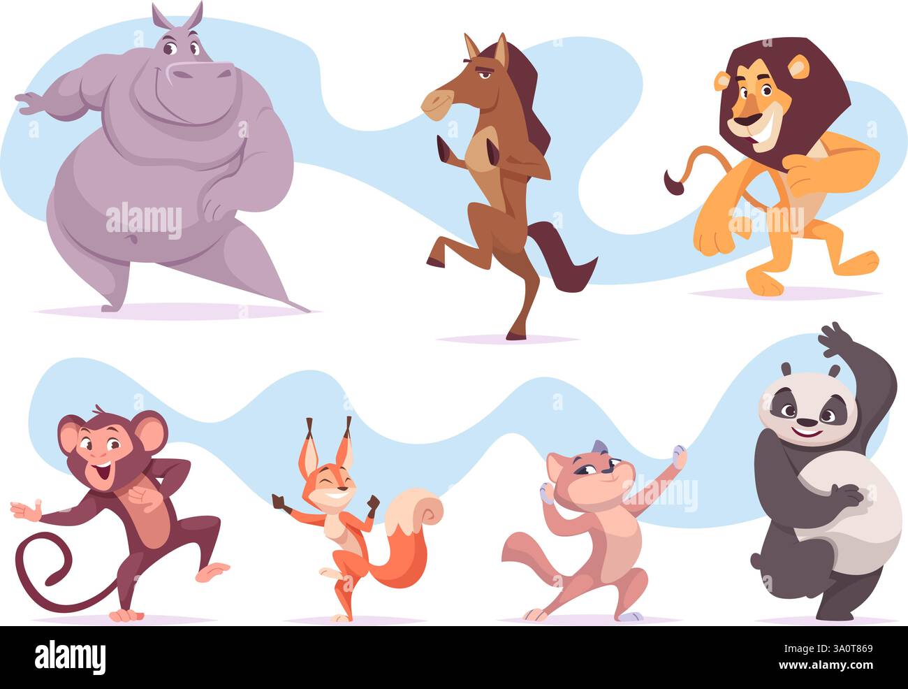 Funny dancers. Cute cartoon animals in action poses jumping dancing ...