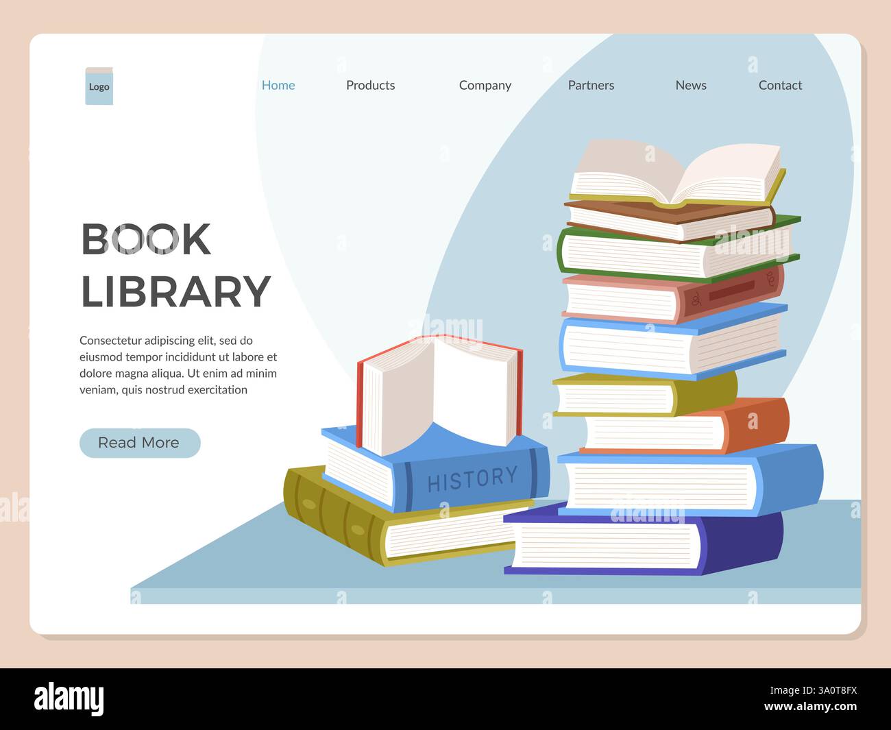 Library landing. Web page template with books stacks and shelves recent ...