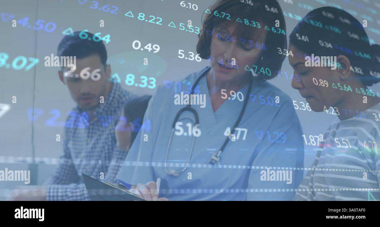 Stock market data image over healthcare professionals consulting with ...