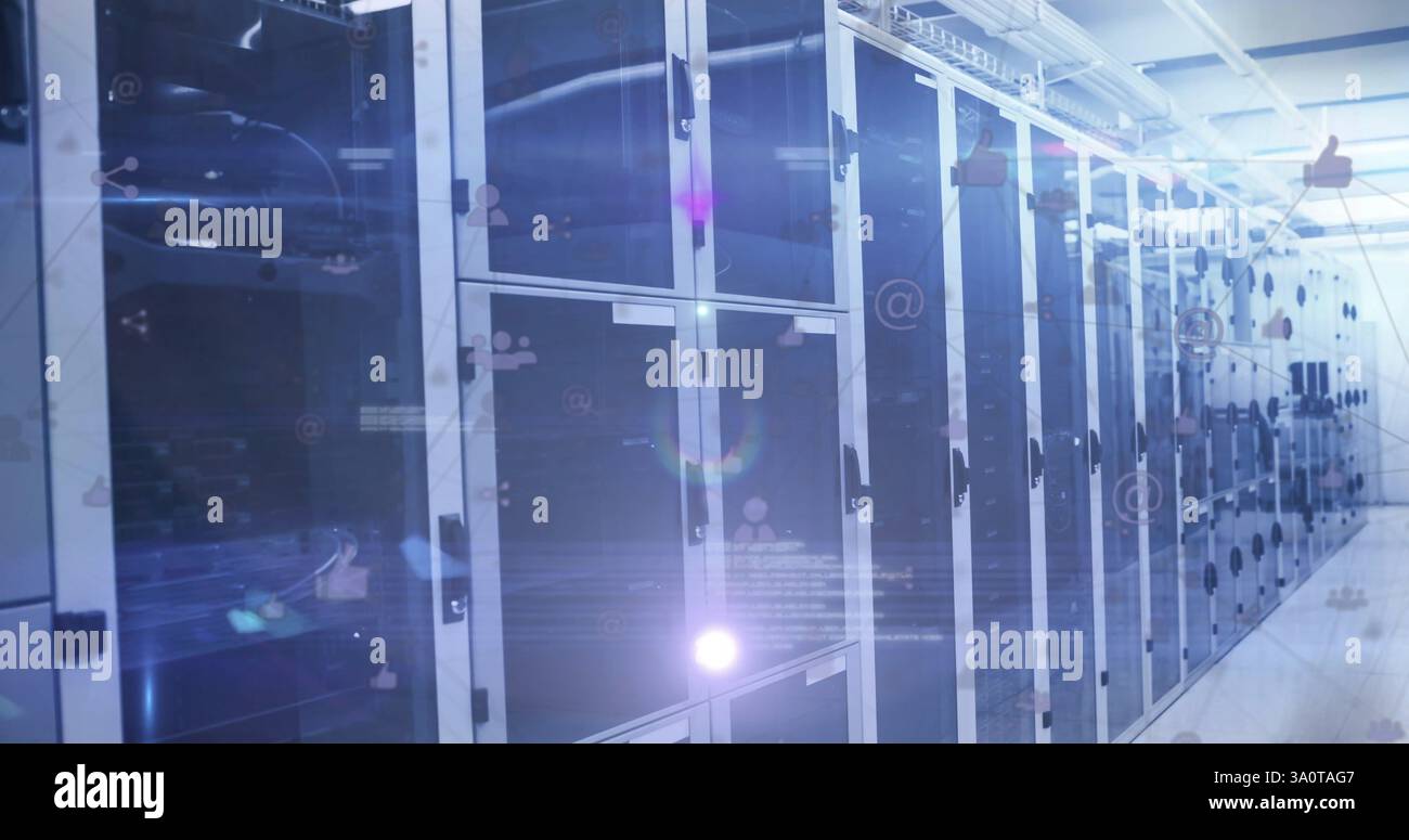 Data processing and social media icons image over server racks in data ...