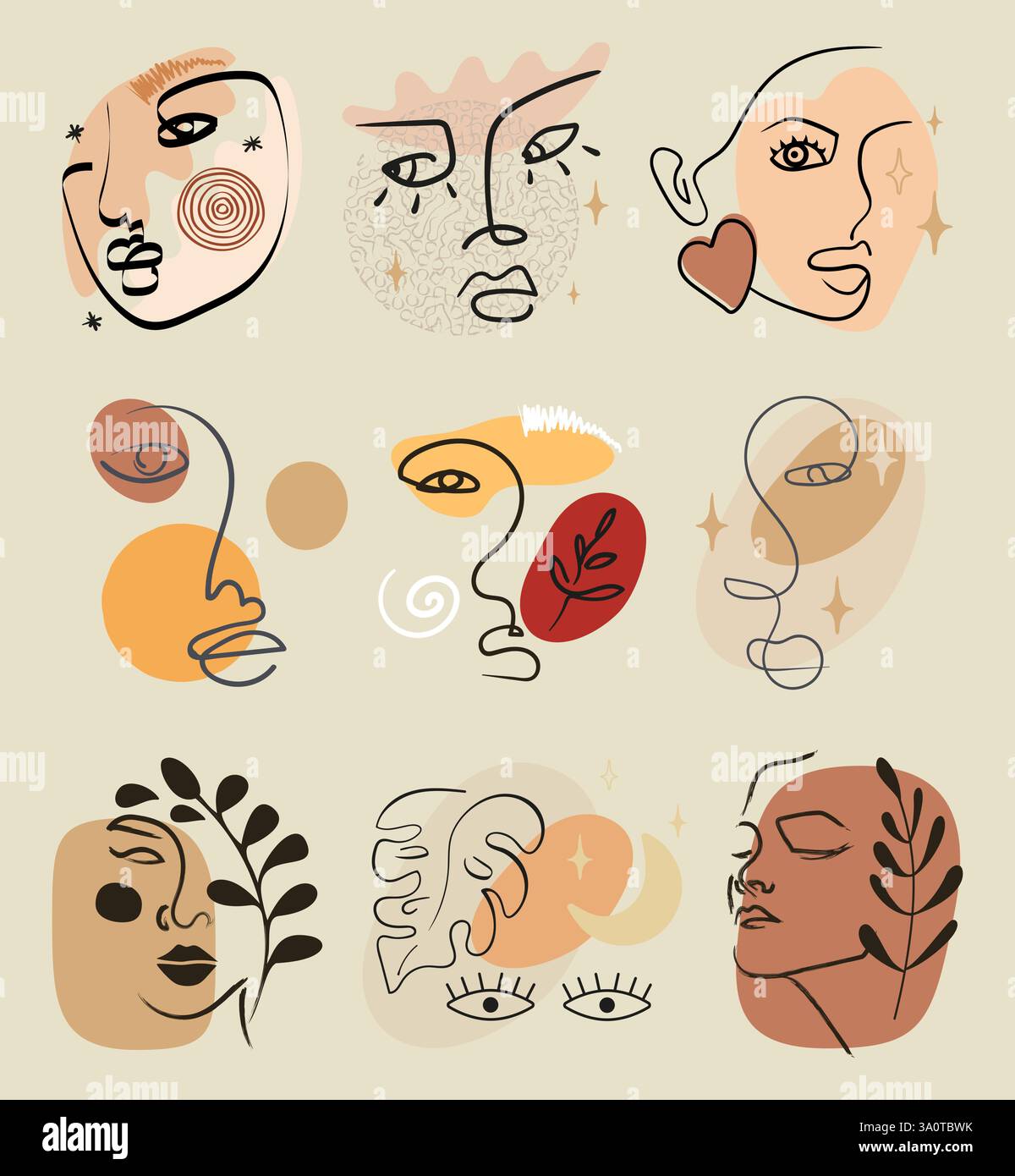 Aesthetic fashion illustration with beautiful ink female faces. Hand ...