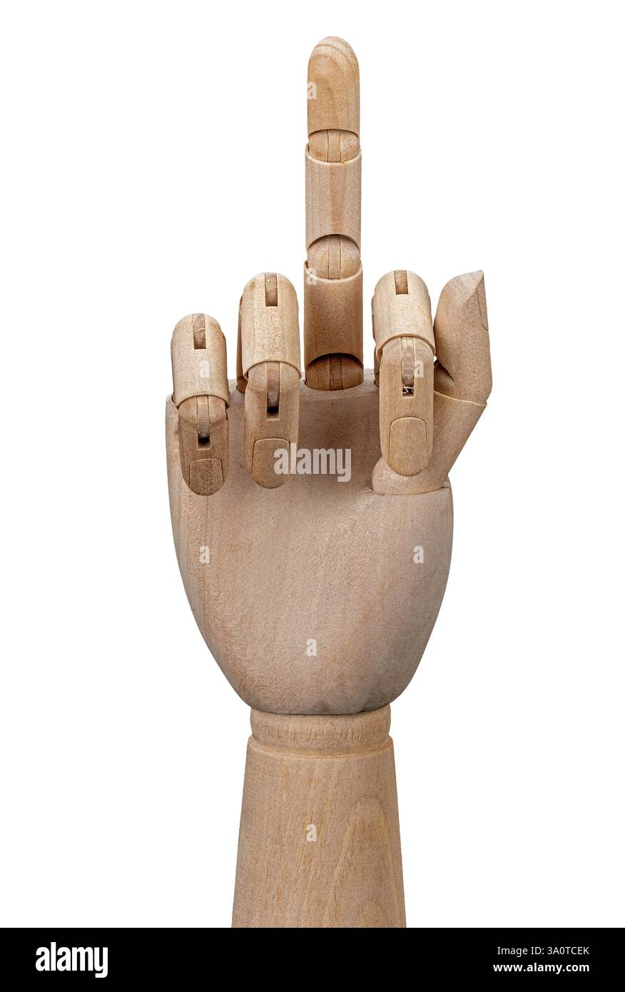 A puppet hand made of wood pointing with the middle finger, a concept ...