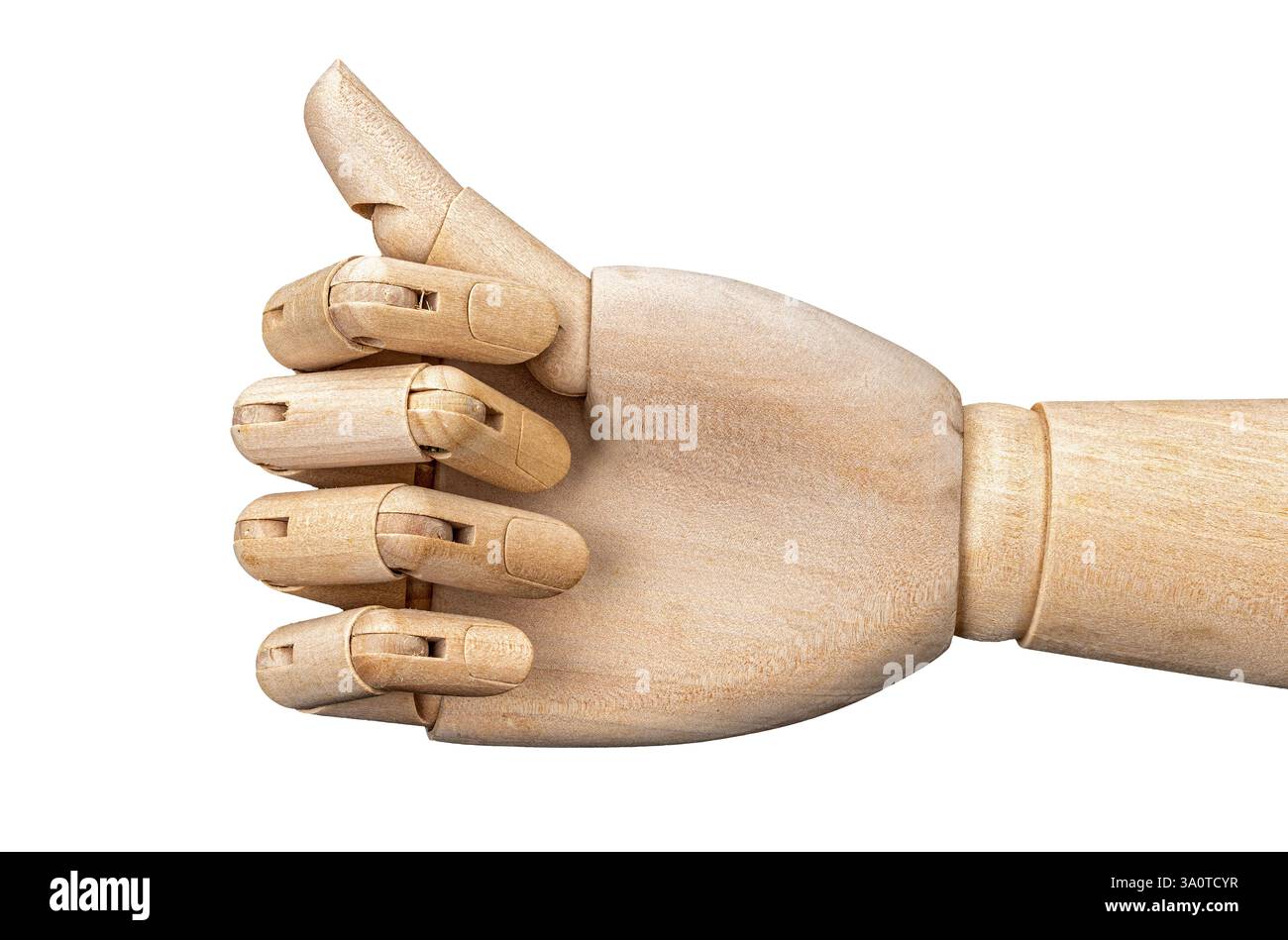 A puppet hand made of wood shows a thumb finger, the concept of making ...