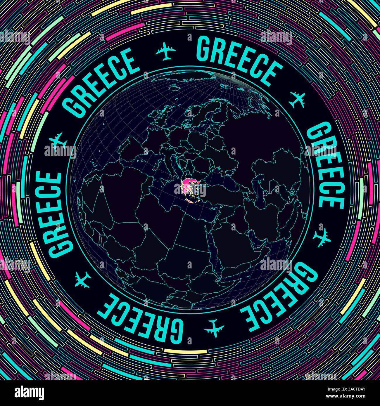 Greece on globe. Satellite view of the world centered to Greece. Bright ...