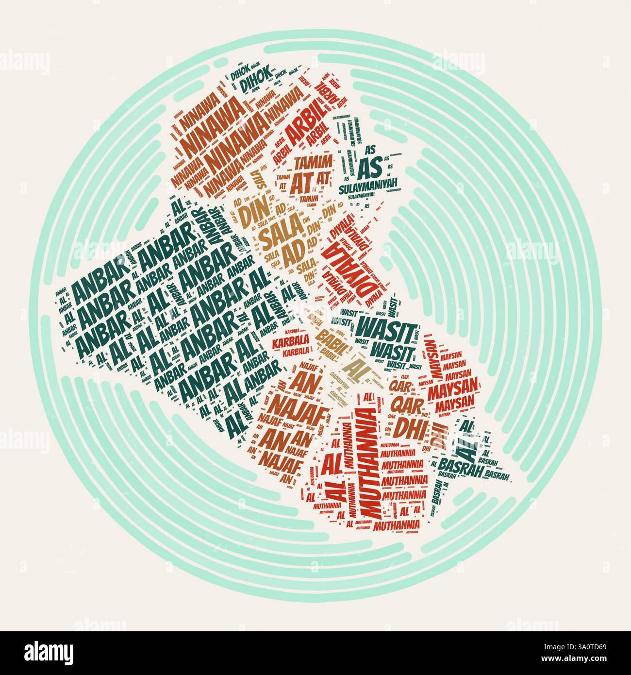 Iraq Round Poster. Typography style image of Country. Regions word ...