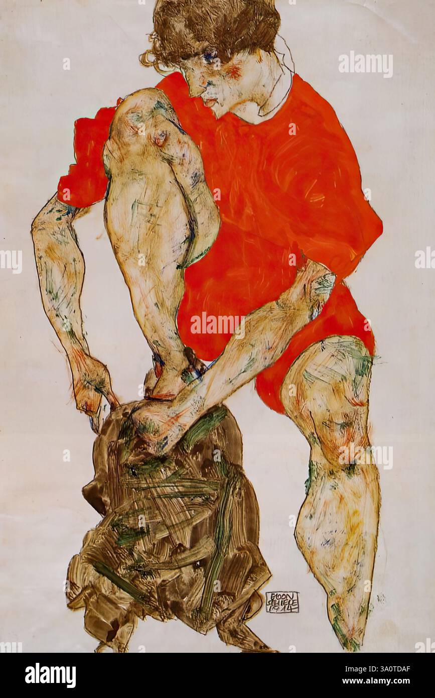 Egon Schiele painting - Female Model in Bright Red Jacket and Pants ...
