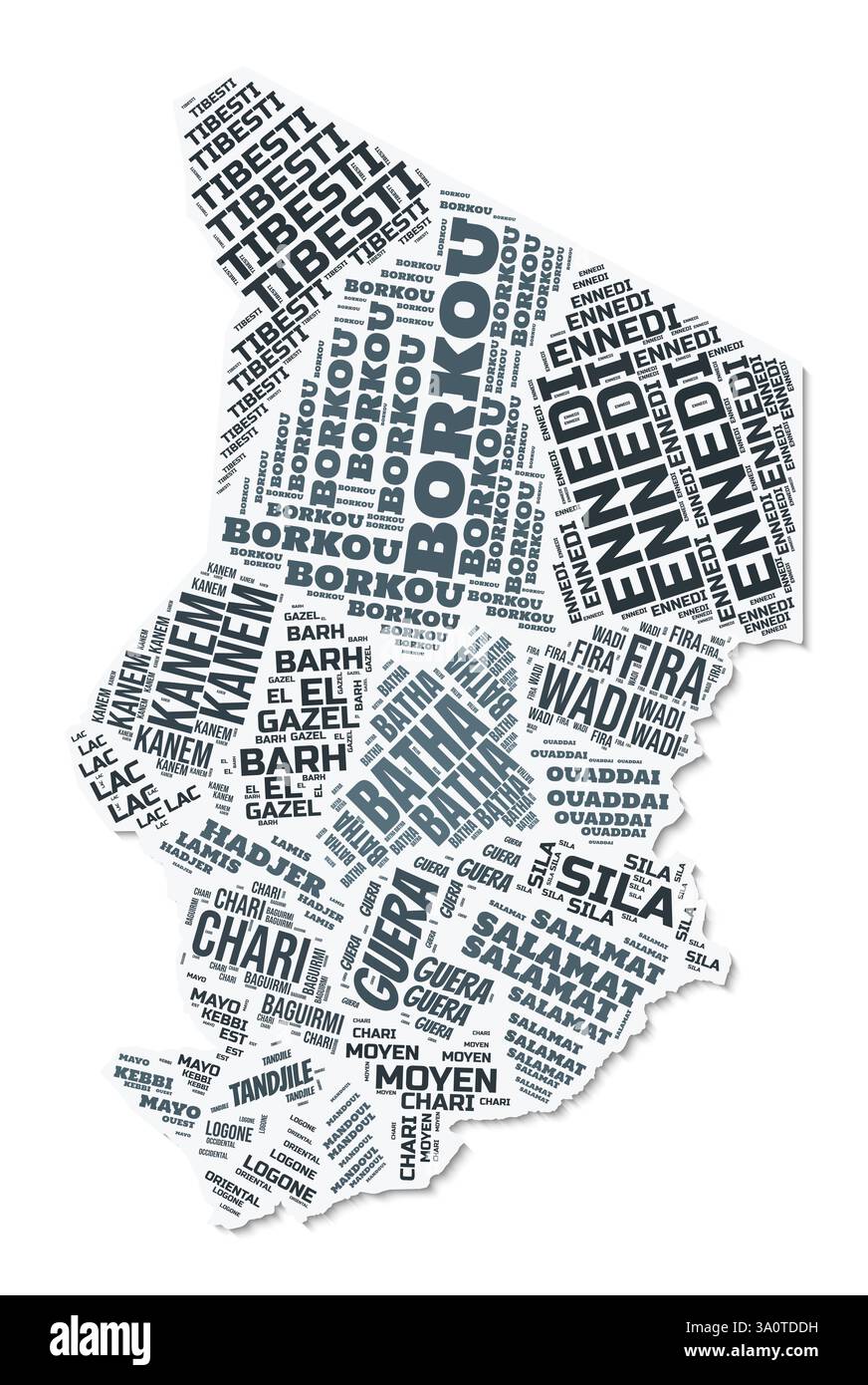 Chad shape text cloud. Country border with shadow on white background ...