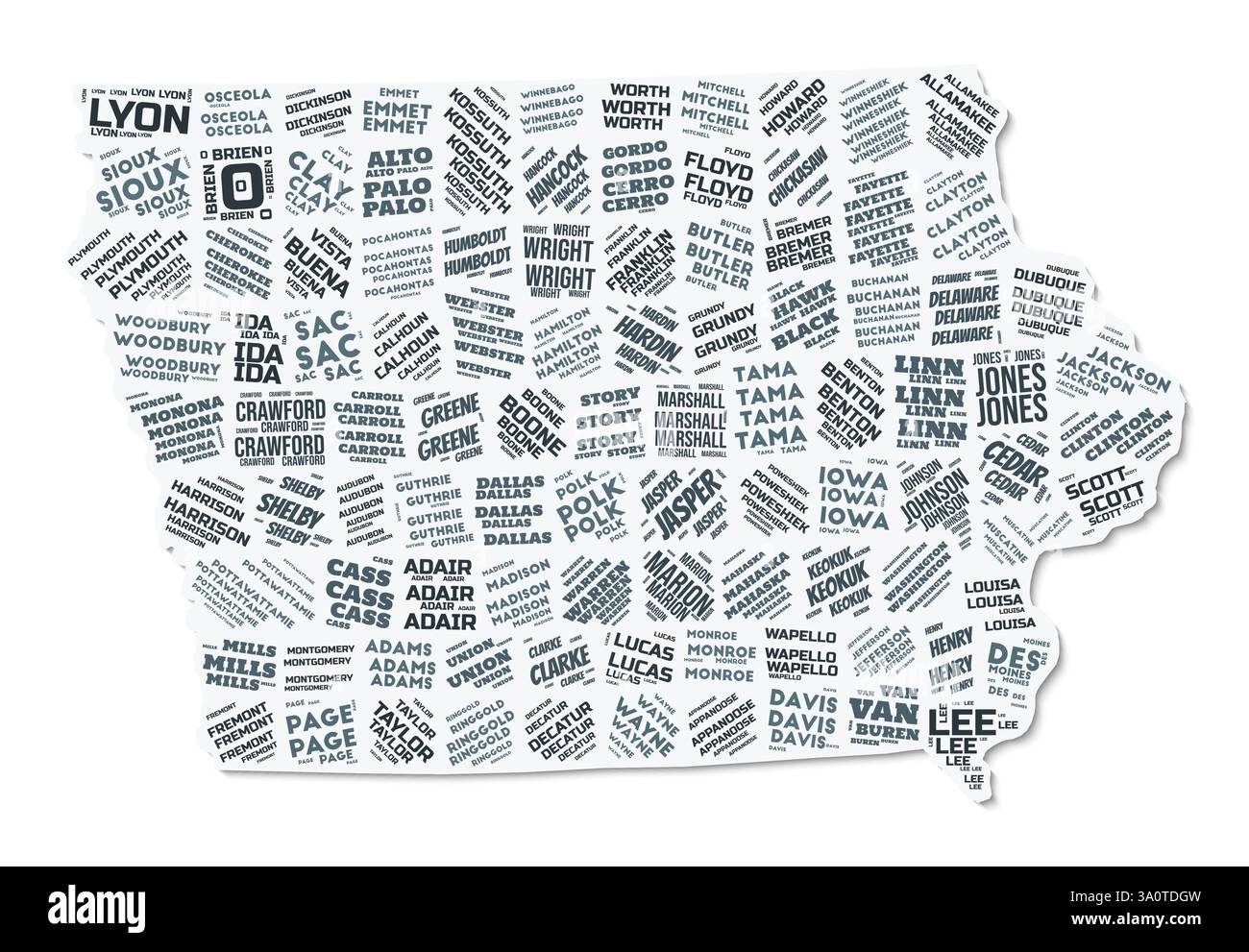 Iowa shape text cloud. State border with shadow on white background ...