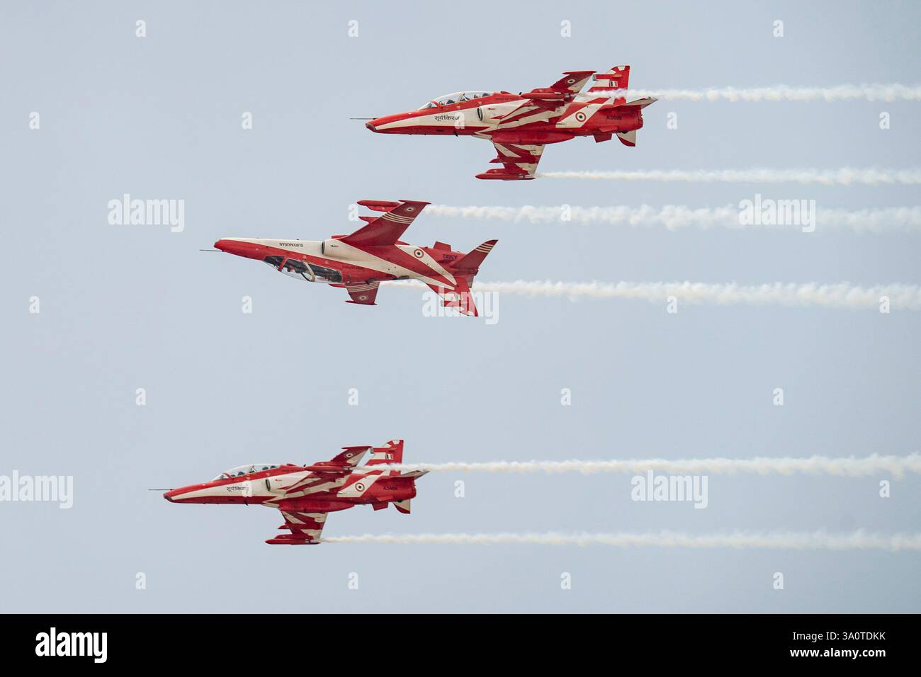 Indian fighter jets spray smoke during the Air Show rehearsal. Indian ...