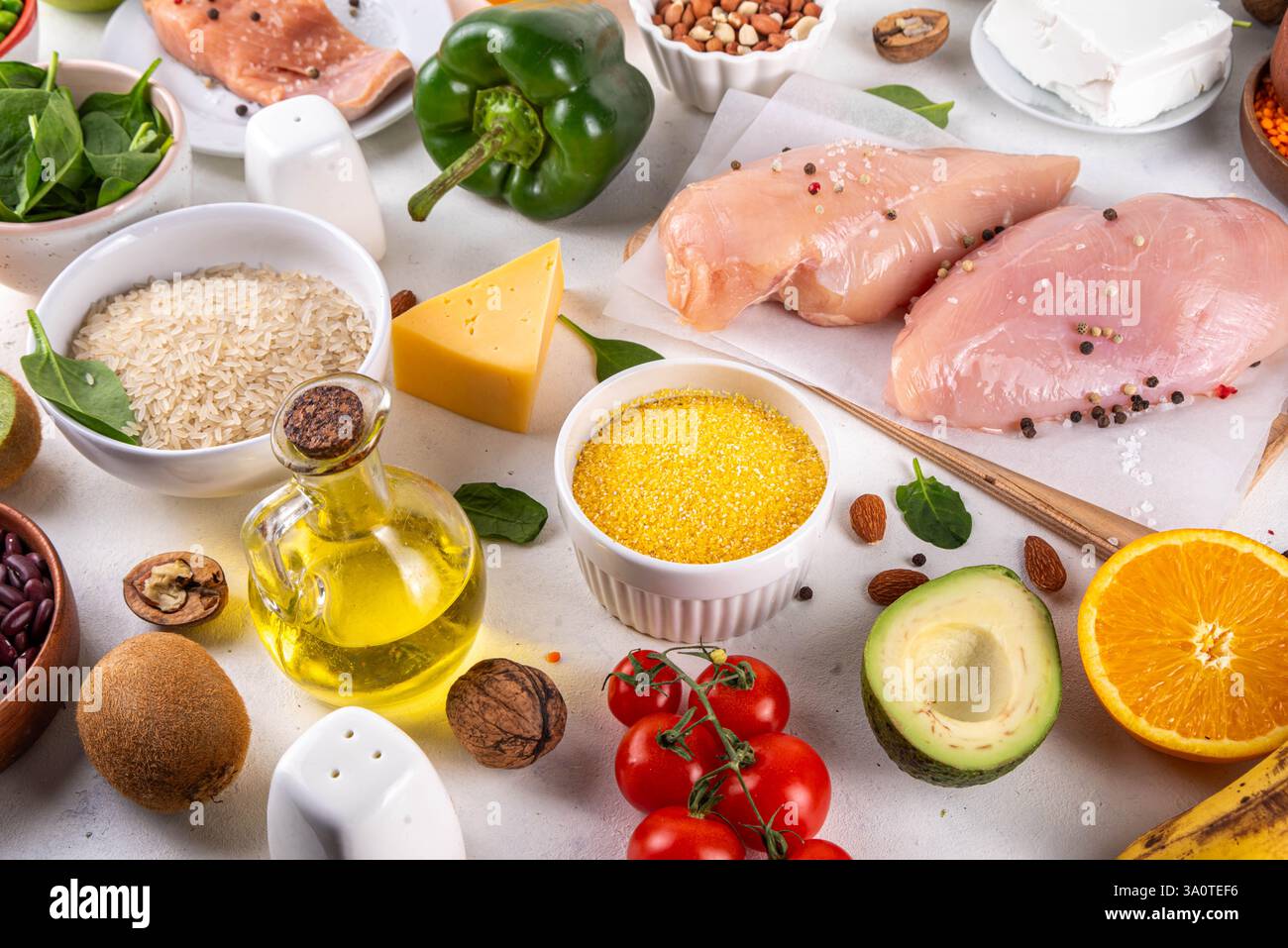 Clean Eating Diet foods background, fruits, vegetables, lean proteins ...